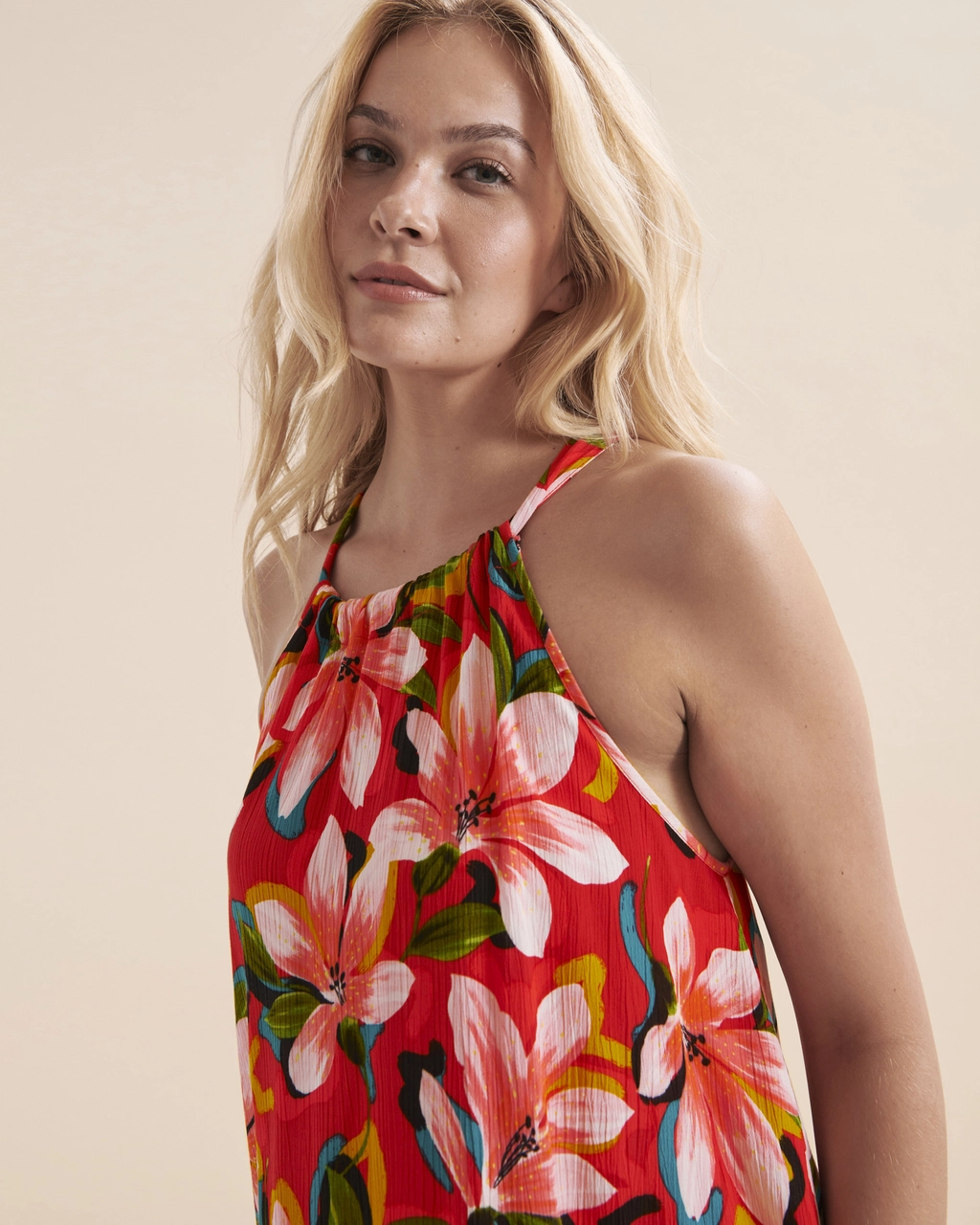 SKYE Break of Day High Neck Halter Dress - Ruby Tropical | Bikini Village